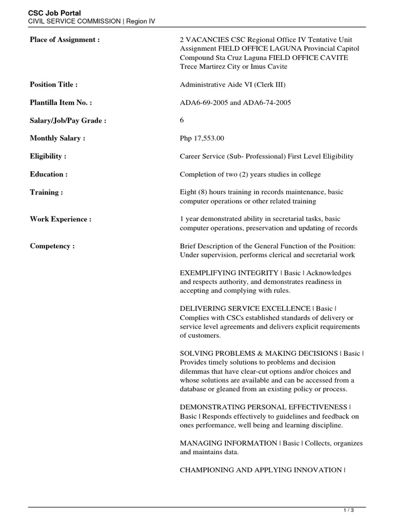 Civil Service Commission-Administrative Aide Vi Clerk III | PDF | Computing