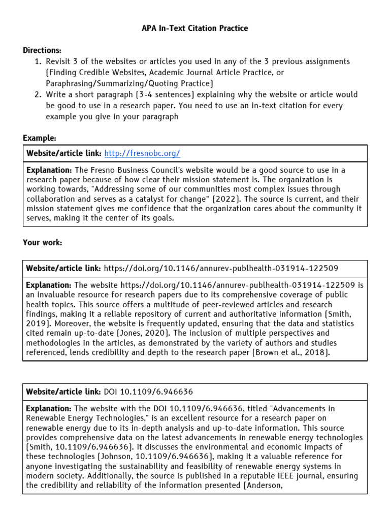APA In-Text Citation Practice | PDF | Academic Publishing | Citation