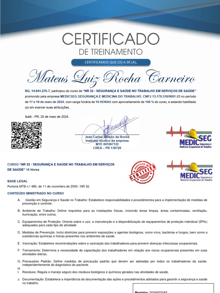 Certificado Mateus Luiz Rocha Carneiro NR 32 | PDF | Remédio | Ciências ...