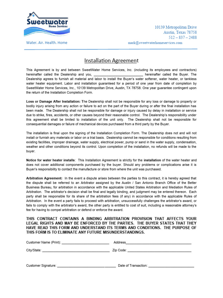 Installation Agreement-Water Heater | PDF | Arbitration | Civil Law ...