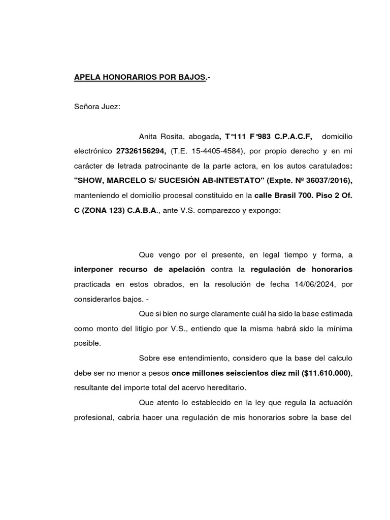 Apela Honorarios Por Bajos | PDF | Apelación | Justicia