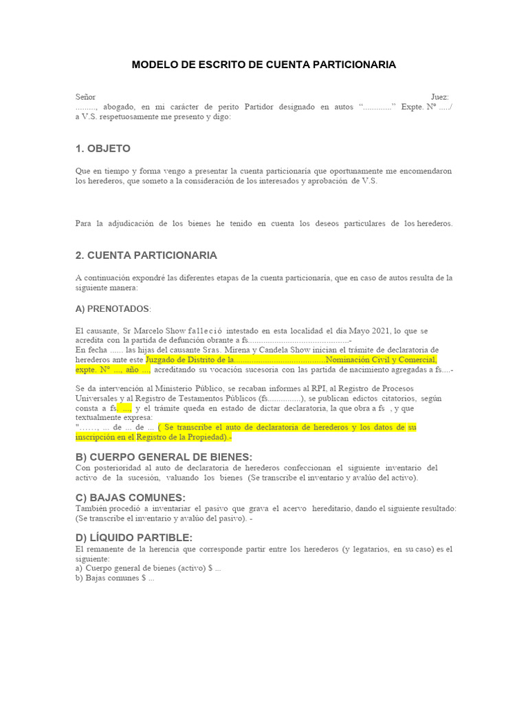 Modelo de Escrito de Cuenta Particionaria | PDF | Herencia | Gobierno