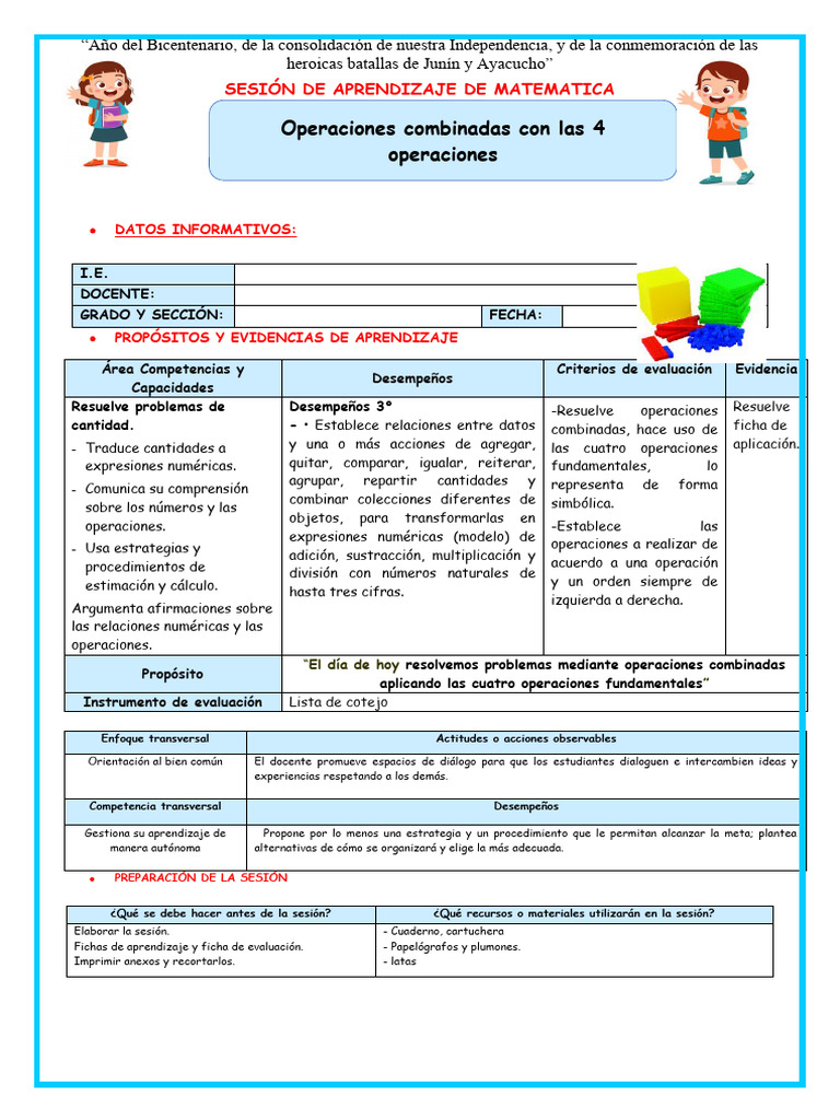 3° Ses Mate Juev 4 Operaciones Combinadas 933623393 | PDF | Evaluación ... 3° Ses Mate Juev 4 Operaciones Combinadas 933623393 | PDF | Evaluación ...