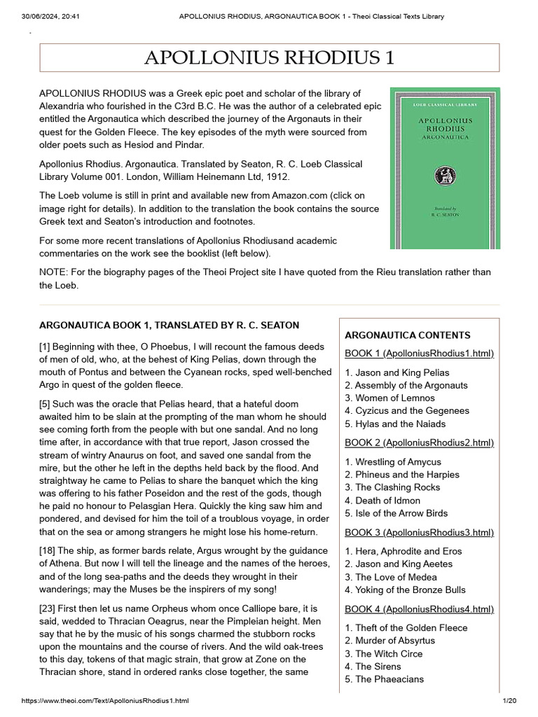 APOLLONIUS RHODIUS, ARGONAUTICA BOOK 1 - Theoi Classical Texts Library ...