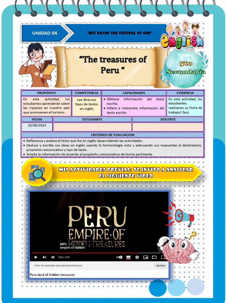 5°ACT 02-INGLES-U5 THE TREASURES OF PERU - Docx Worksheet | PDF | Imperio Inca