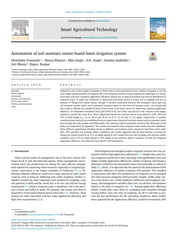 Automation of Soil Moisture Sensor-Based Basin Irrigation System | PDF ...