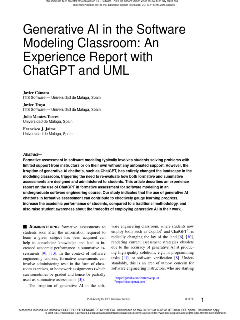 Generative AI in The Software Modeling Classroom An Experience Report With ChatGPT and UML | PDF ...