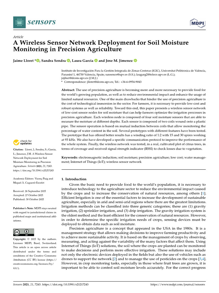 A Wireless Sensor Network Deployment For Soil Moisture Monitoring in Precision Agriculture | PDF ...