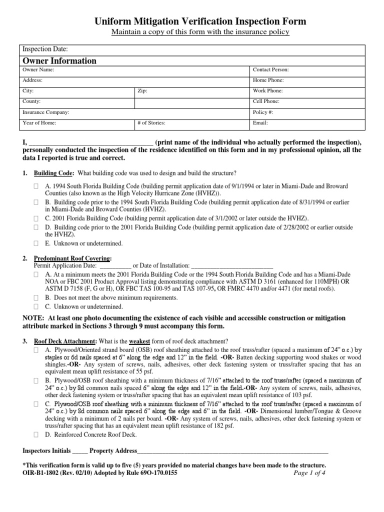 Wind Mitigation Form | PDF | Framing (Construction) | Roof