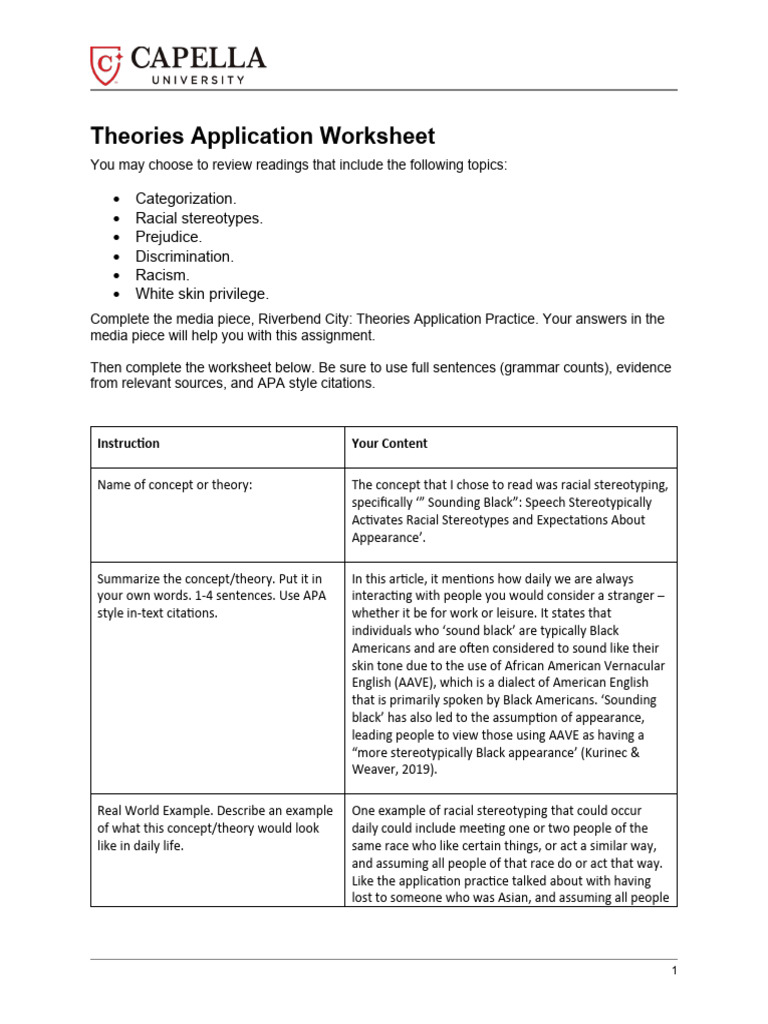 Theories Application Worksheet Lydia VerVoort | PDF | Stereotypes ...