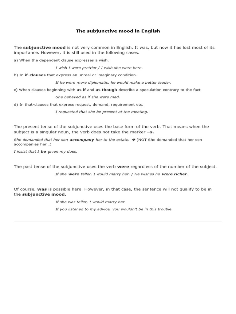 Understanding the Subjunctive Mood in English | PDF | Verb | Subject ...