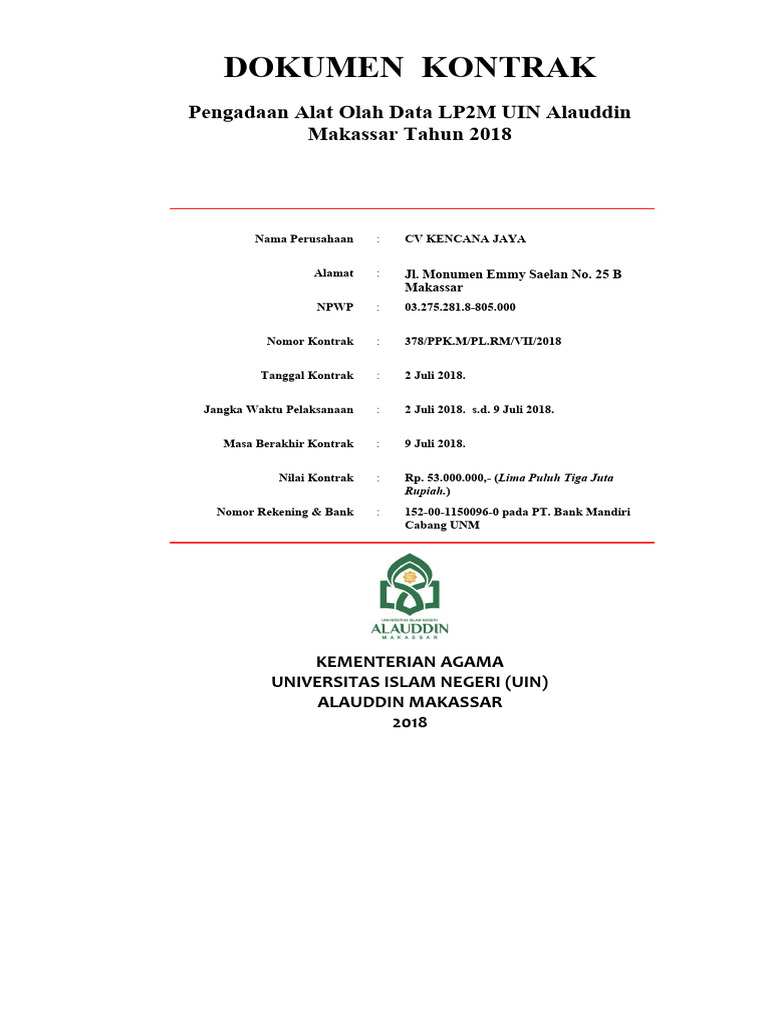 Dokumen Kontrak Olah Data Lp2m - Kencana Jaya | PDF | Teknologi & Rekayasa