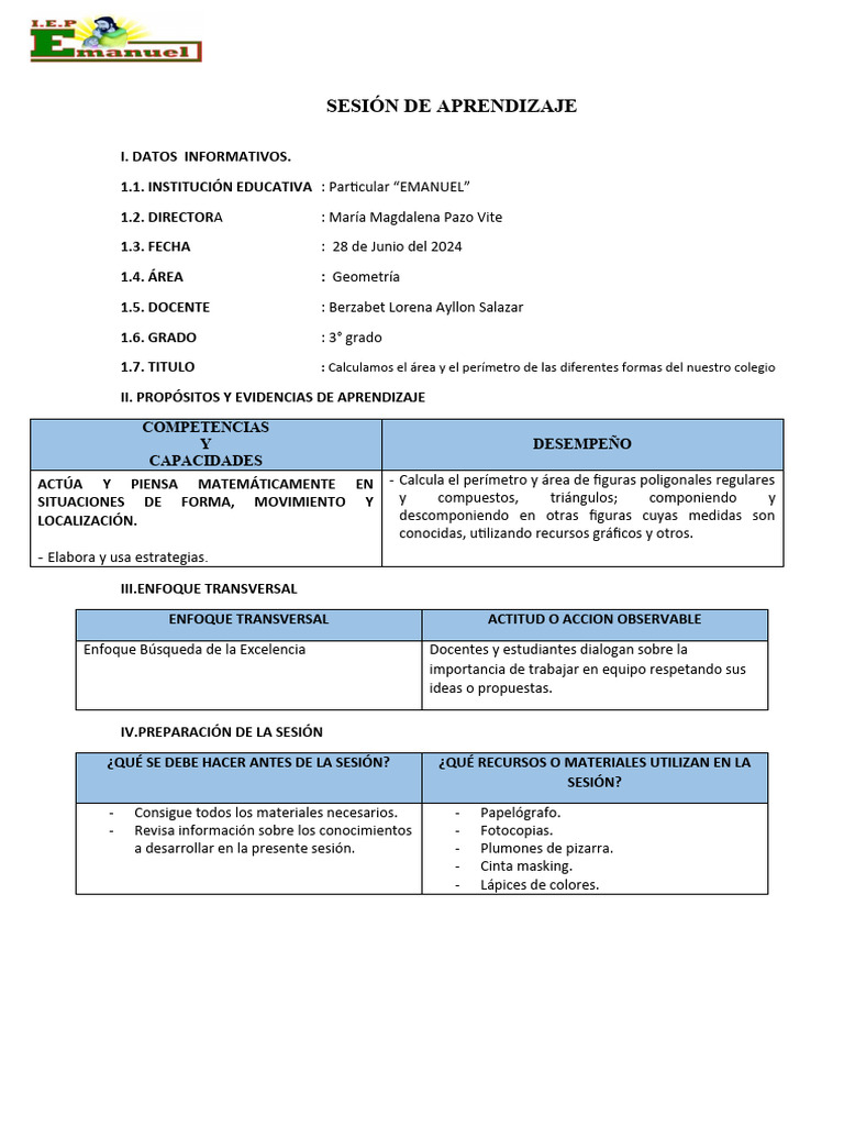 SESIÓN DE APRENDIZAJE-GEOMETRIA (Area y Perimetro) | PDF | Modificación ...