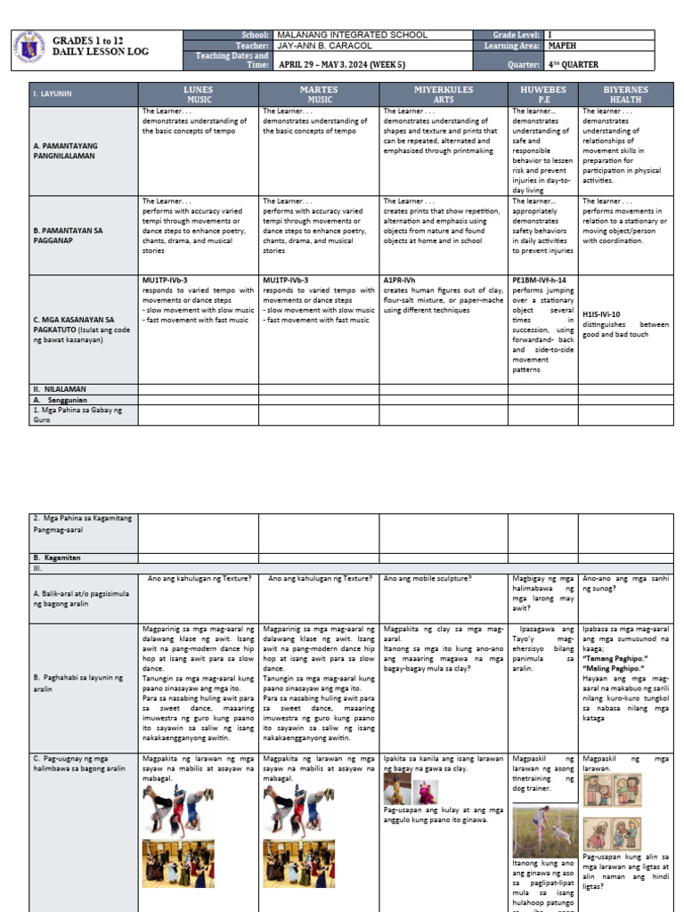 DLL - Mapeh 1 - Q4 - W5 | PDF