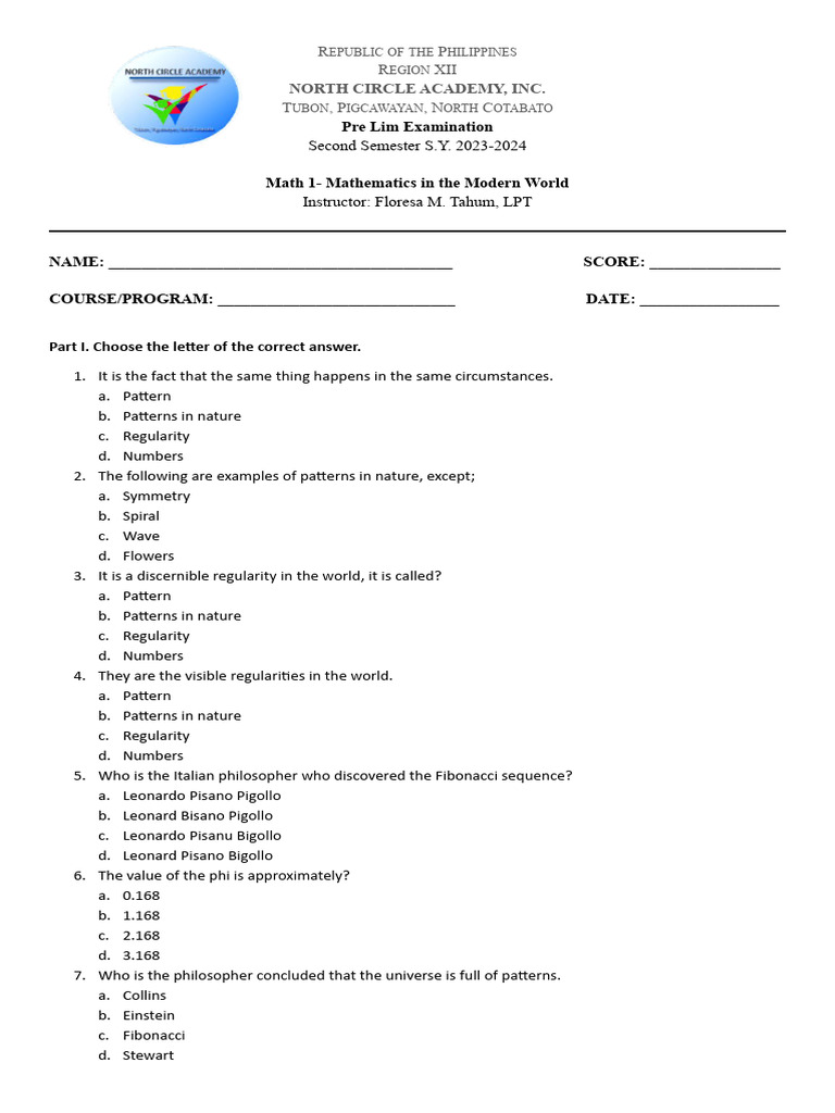 Pre Lim Exam | PDF | Pattern | Mathematics