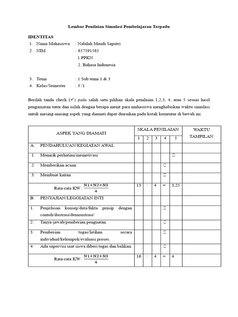 Lembar Penilaian Simulasi Pembelajaran Terpadu | PDF | Karier & Perkembangan