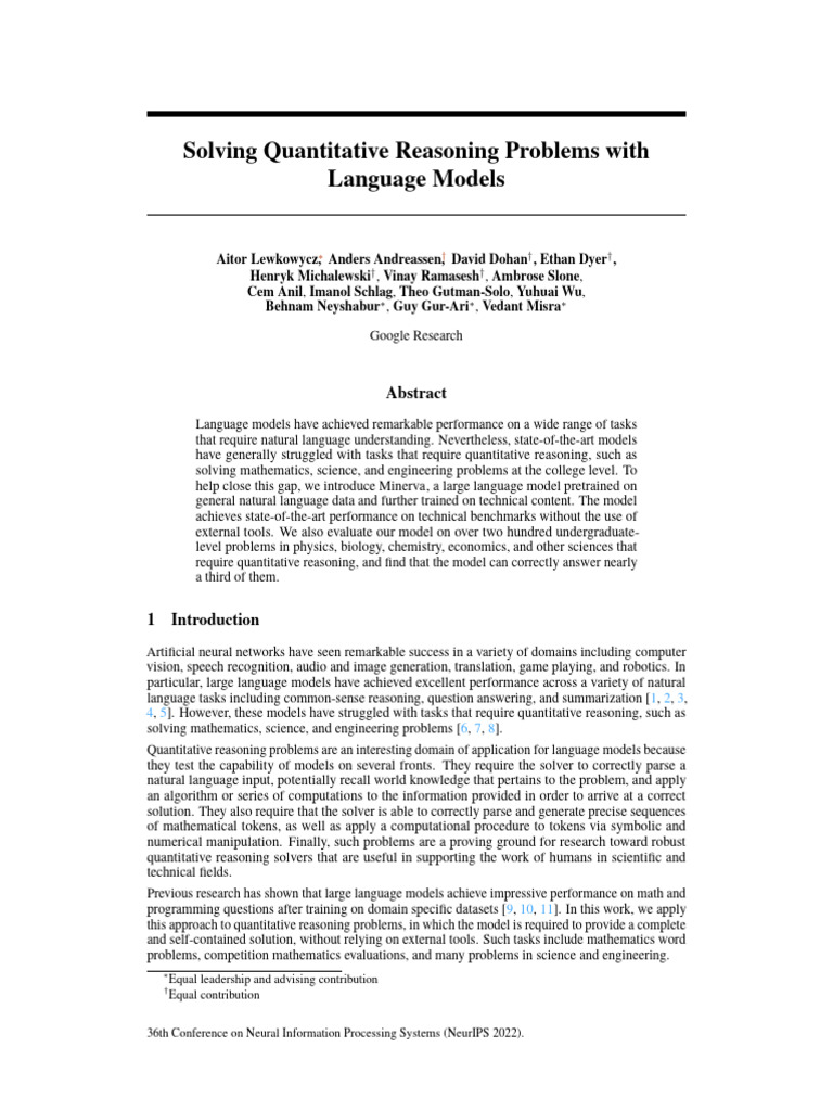 NeurIPS 2022 Solving Quantitative Reasoning Problems With Language Models Paper Conference | PDF ...