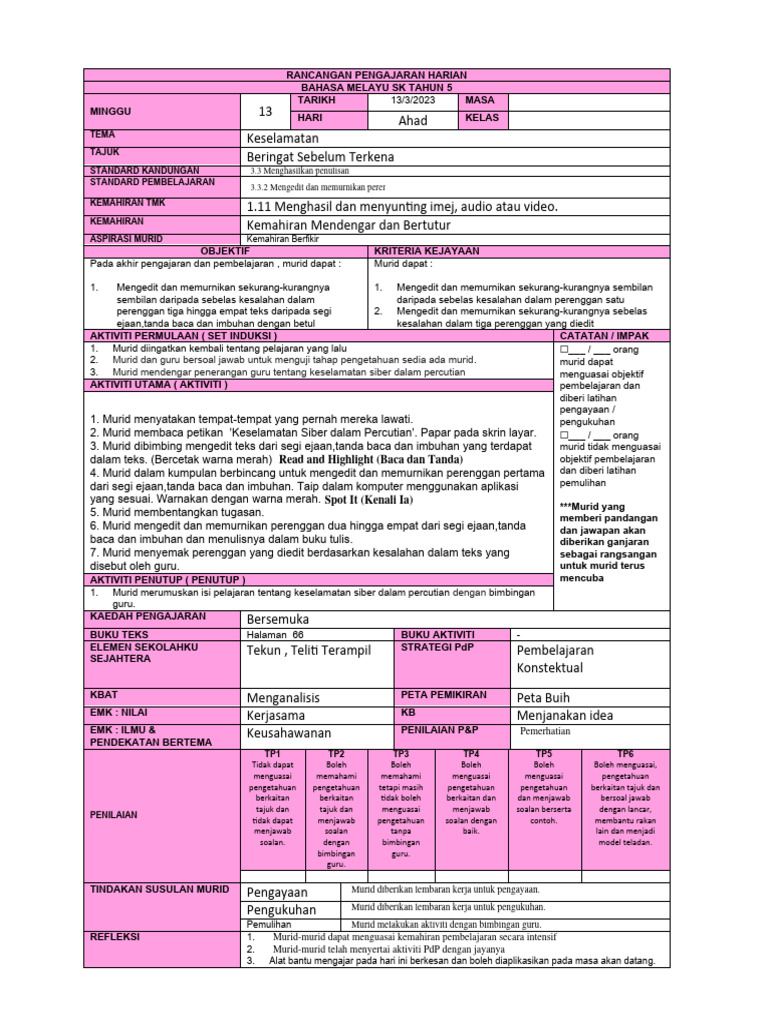RPH Minggu 13 BM SK THN 5 2024 by Cikgu Gorgeous | PDF
