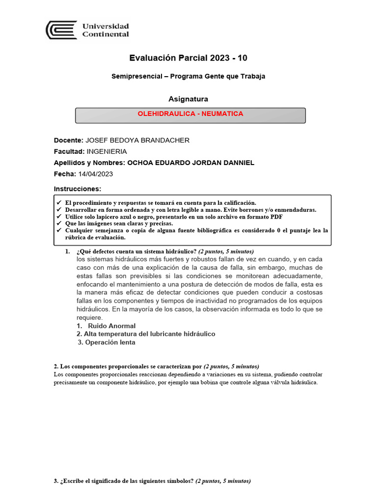 Evaluacion Parcial 2023-10 Oleohidraulica. | PDF | Solenoide | Ingeniería mecánica