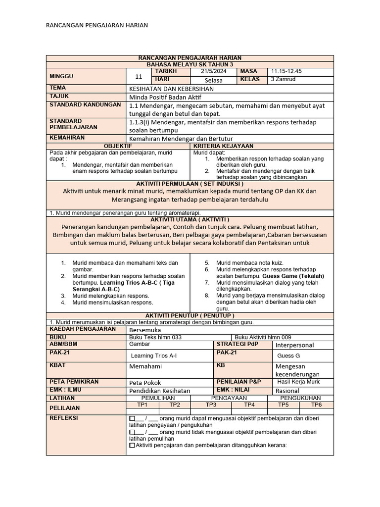 RPH Minggu 10 BM THN 3 by Cikgu Gorgeous | PDF