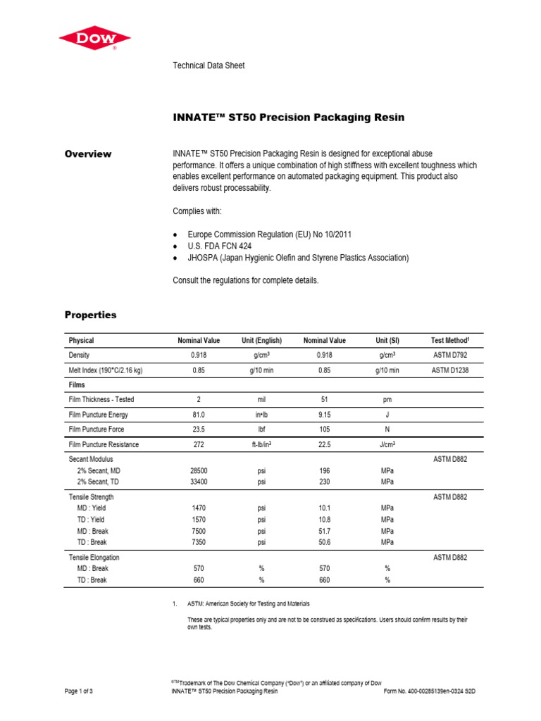 400 00285139en Innate st50 Precision Packaging Resin Tds | PDF | Electronic Cigarette | Dow ...