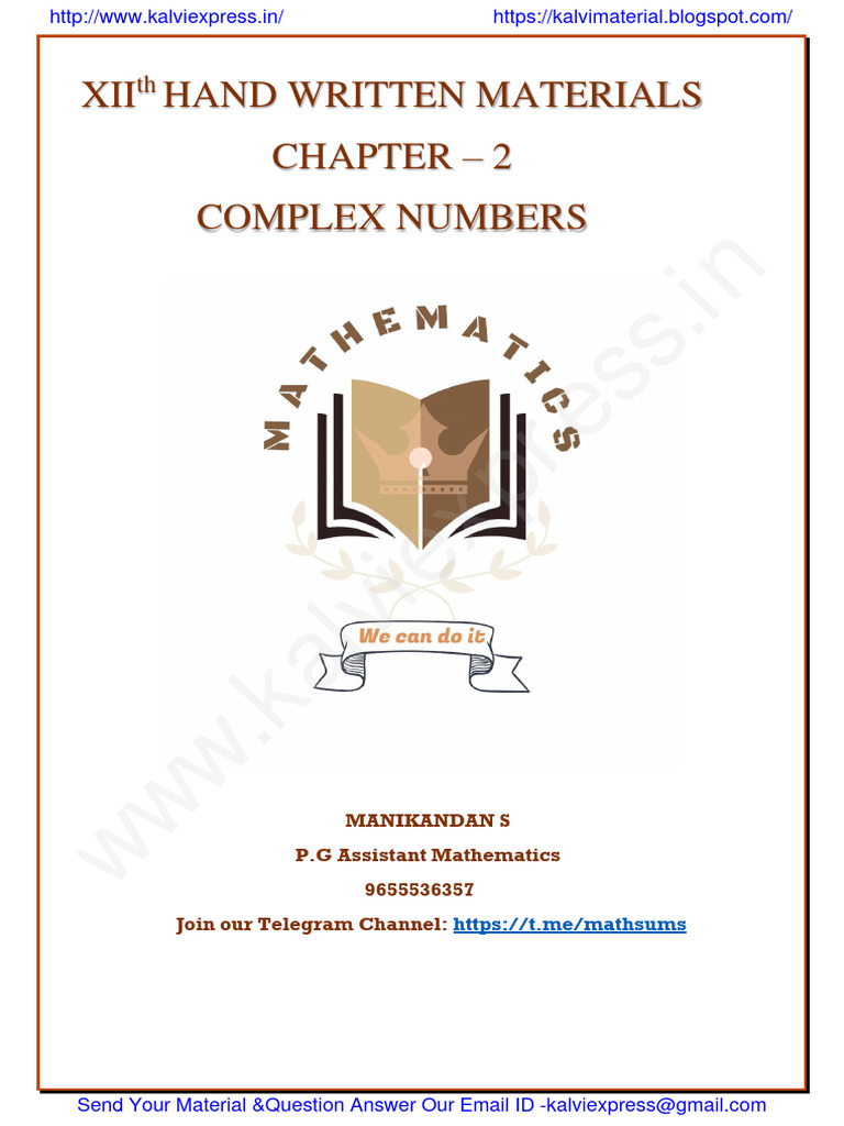 12th Maths Chapter - 2 COMPLEX NUMBERS Hand Written Material - MR S.manikandan | PDF | Mathematics