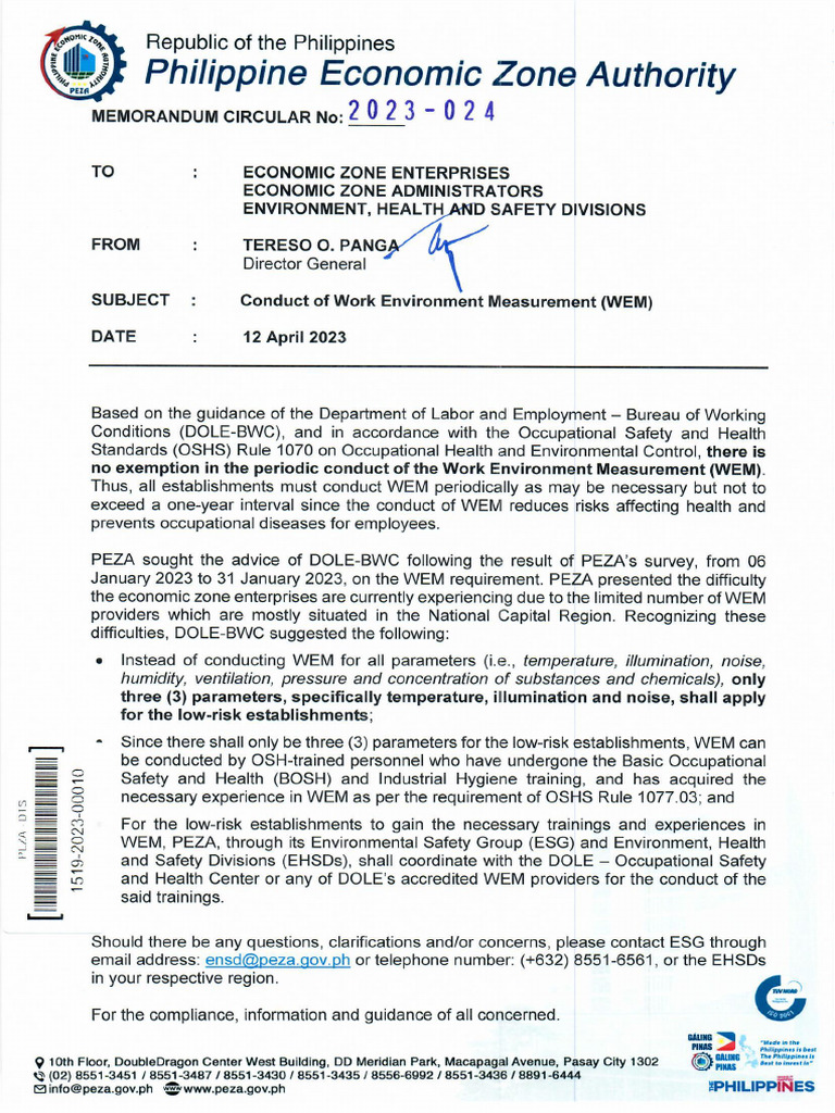 M.C. No. 2023-024 Conduct of Work Environment Measurement Wem | PDF