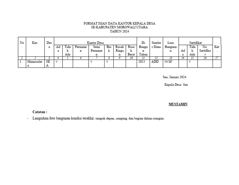 Format Isian Data Kantor Kepala Desa 2024 | PDF