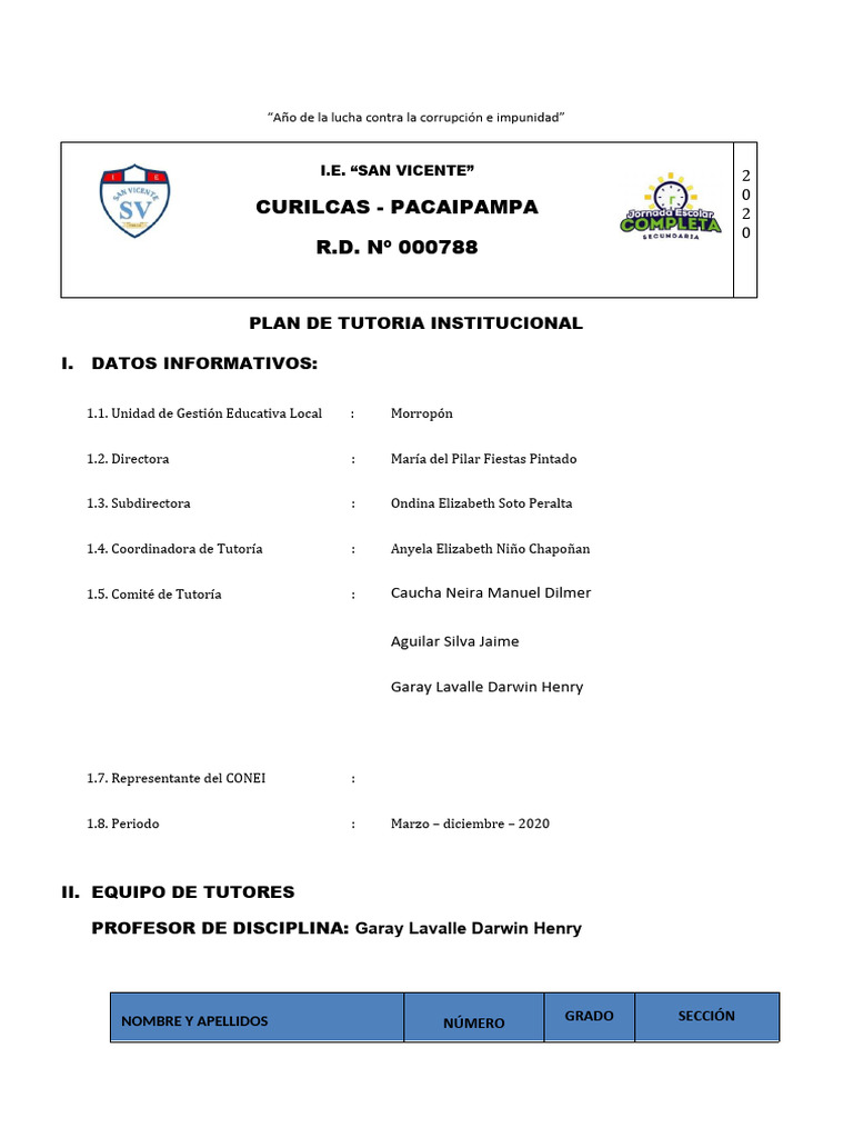 Plan Tutorial de I.E | PDF | Aprendizaje | Enseñando