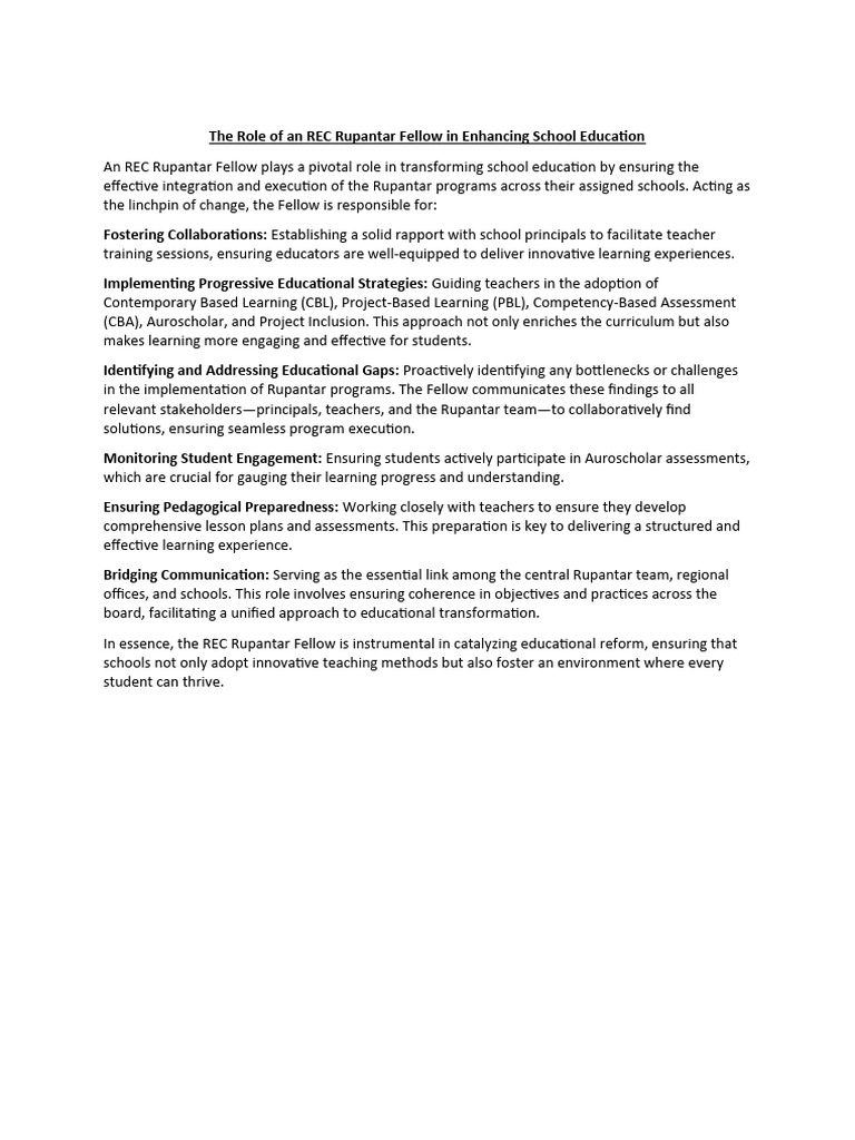 Roles and Responsibilities - REC Rupantar Fellow | PDF