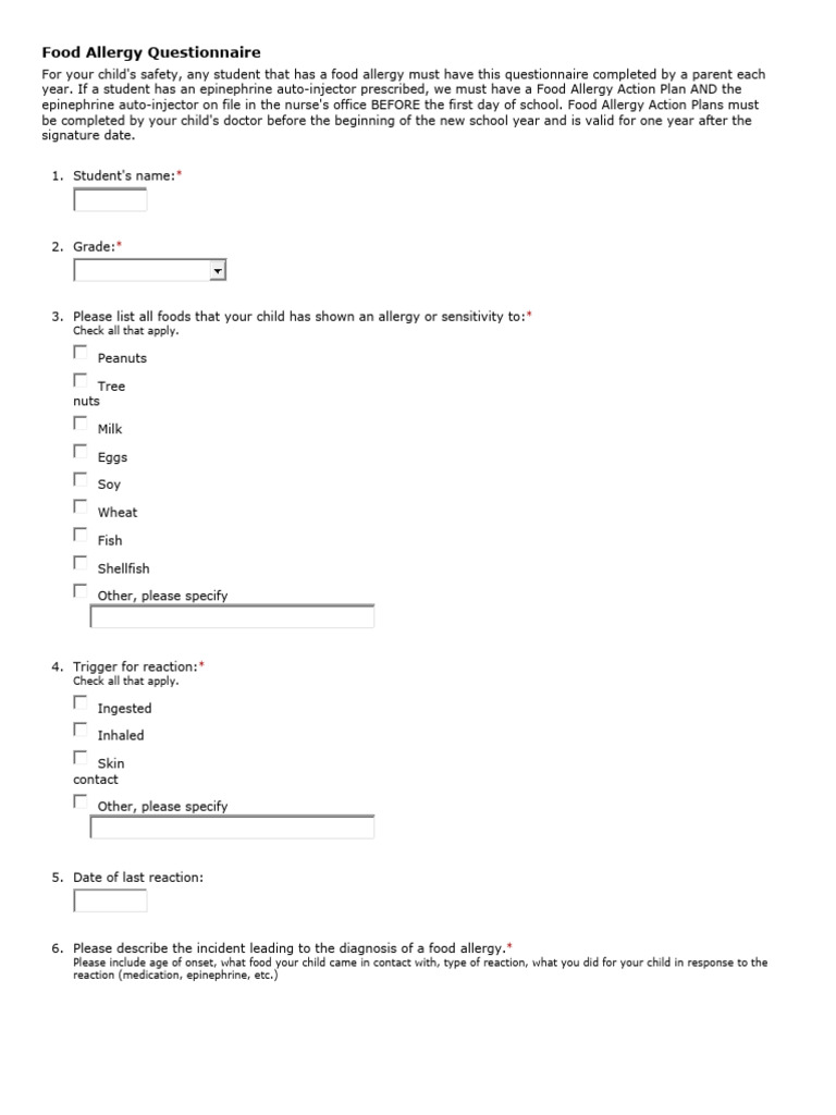 Food Allergy Questionnaire | PDF | Food Allergy | Allergy