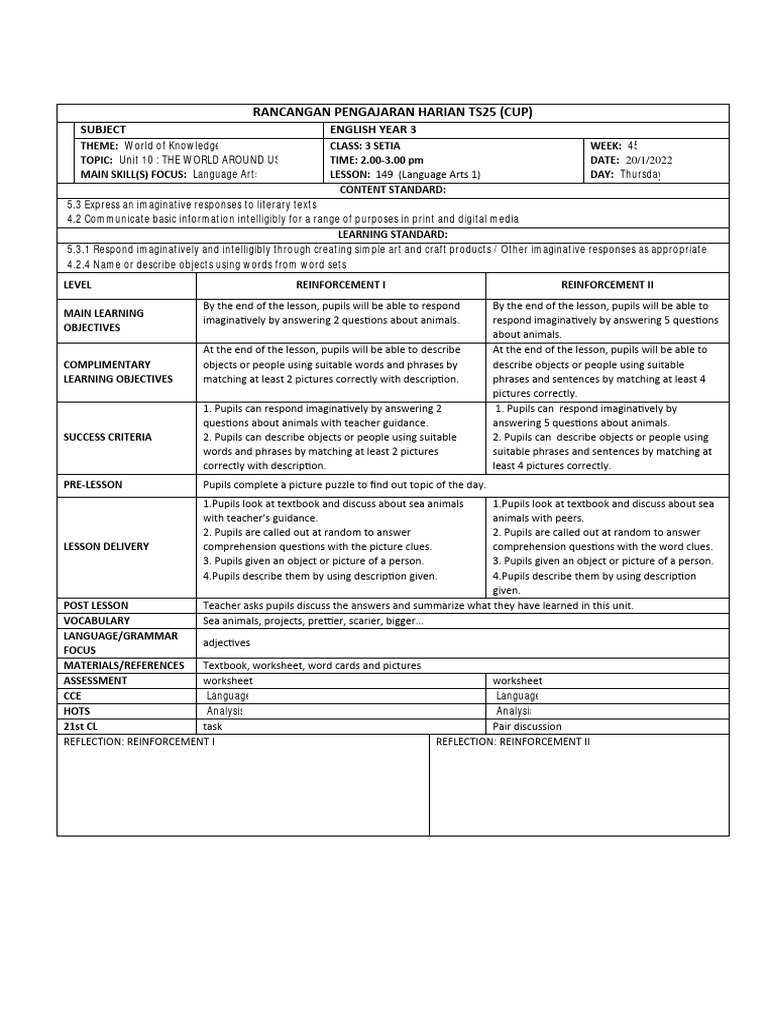 RANCANGAN PENGAJARAN HARIAN 3s (Monday) | PDF | Reading Comprehension ...