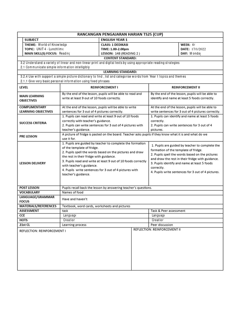 RANCANGAN PENGAJARAN HARIAN Y3 Monday | PDF | Teachers | Information