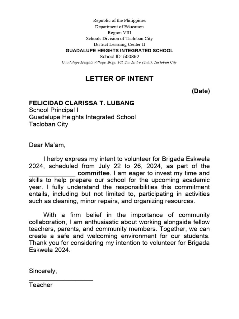 Letter of Intent For Brigada Eskwela 2024 | PDF