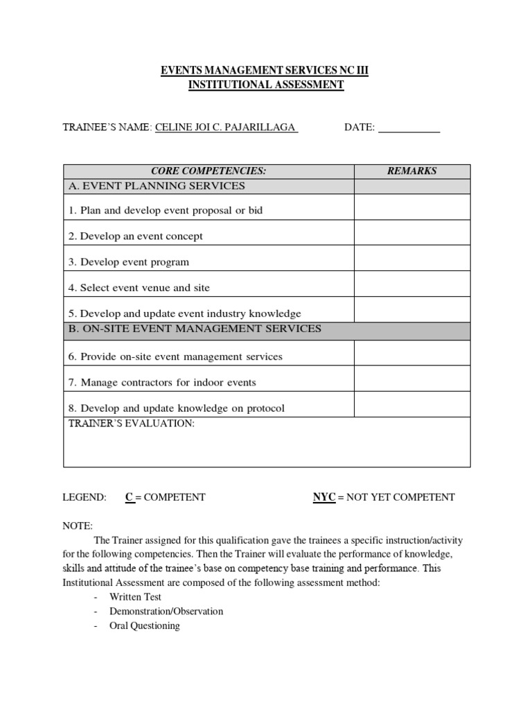 Evm Nciii Institutional Assessment Celine Joi | PDF | Career & Growth