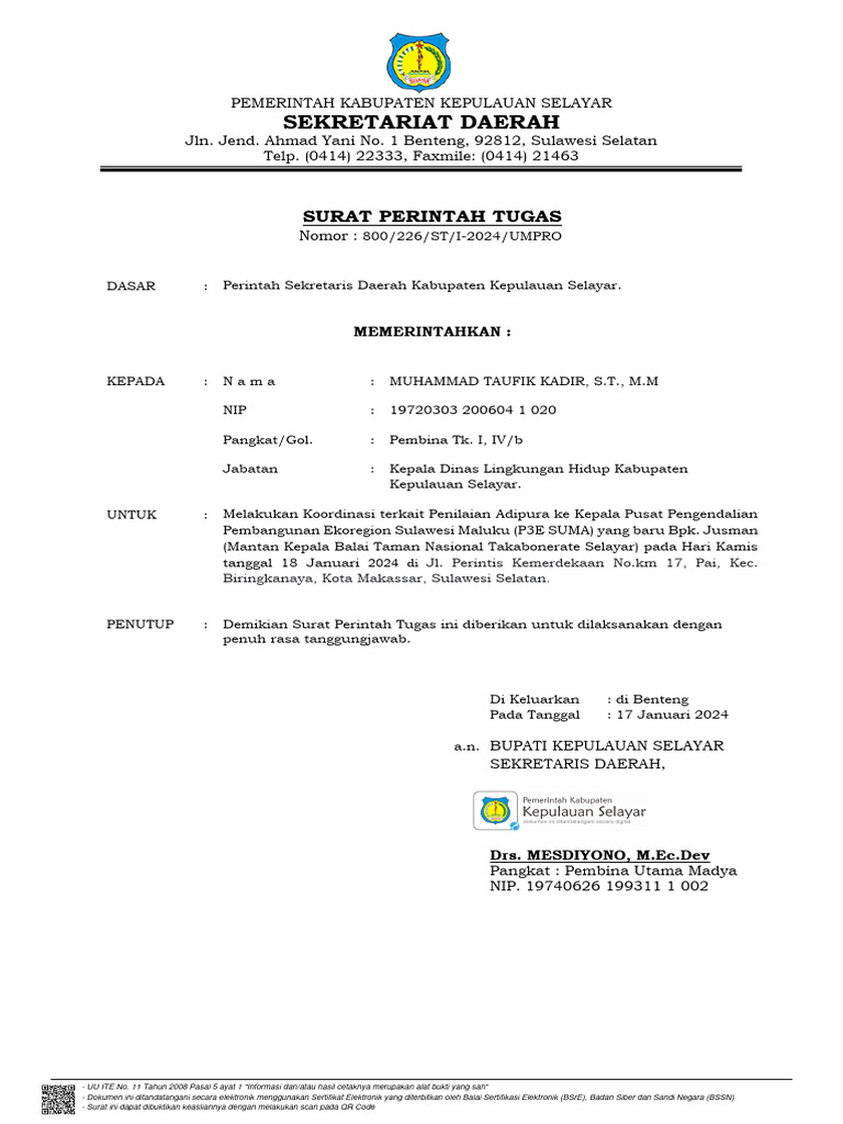 2 SURAT TUGAS TTD SETDA MAKSSAR 2024 EKOREGON Tte | PDF
