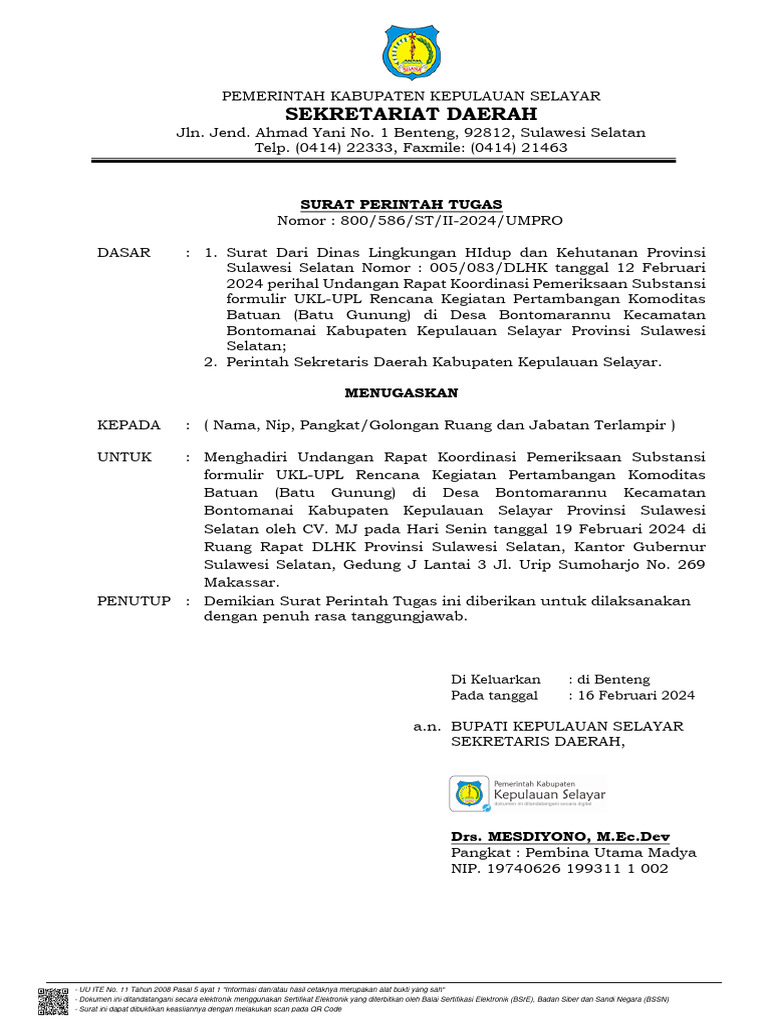 5 Surat Tugas TTD Setda Makssar 2024 | PDF