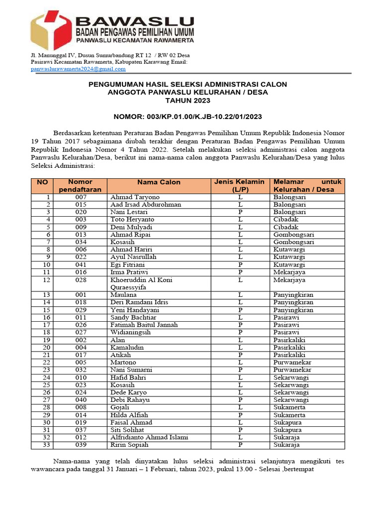 Pengumuman Kelulusan Seleksi Administrasi | PDF