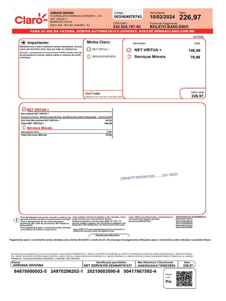 Fatura Claro Janeiro | PDF | Bancos | Serviços financeiros