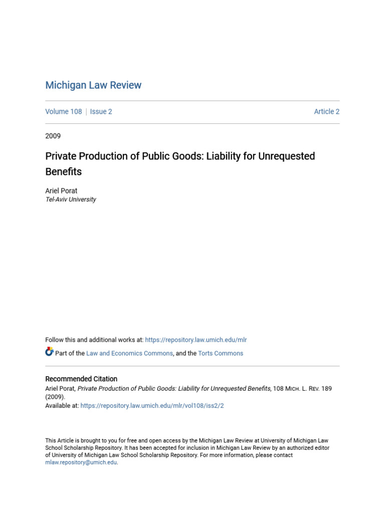 Private Production of Public Goods - Liability For Unrequested Ben ...