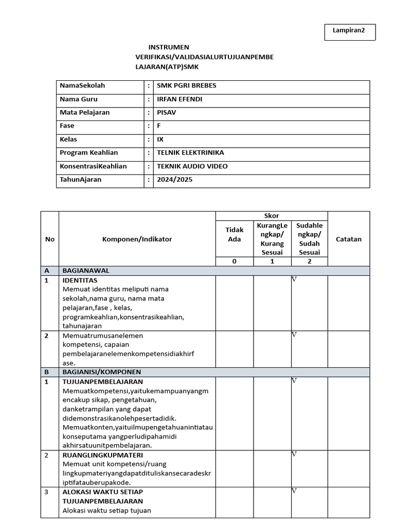 Instrumen Verifikasi Atp Dam Modul Ajar | PDF