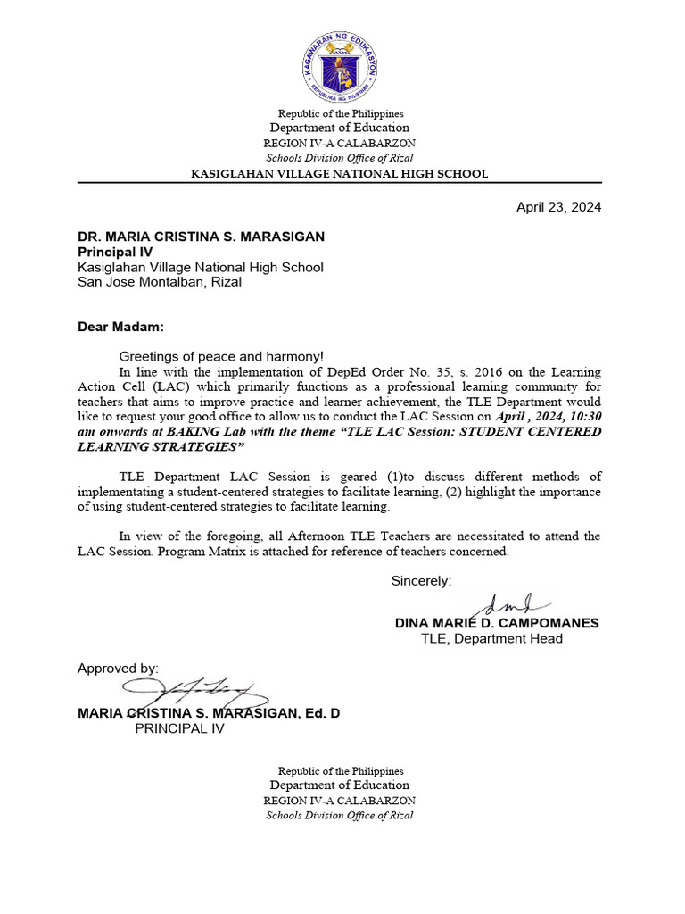7.letter To Conduct LAC SESSION April2024 | PDF | Learning Methods ...