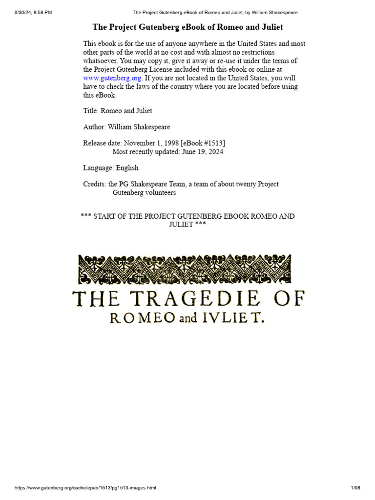 The Project Gutenberg Ebook of Romeo and Juliet, by William Shakespeare ...
