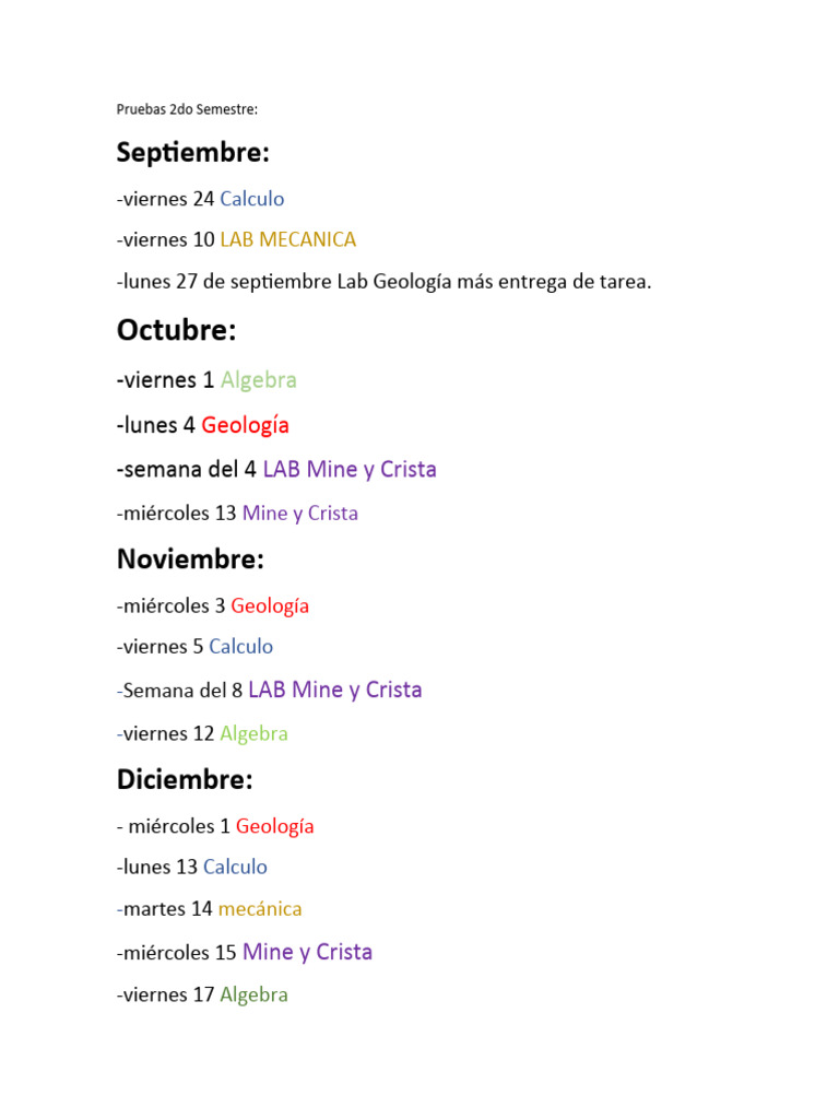 Calendario Pruebas 2do Semestre | PDF