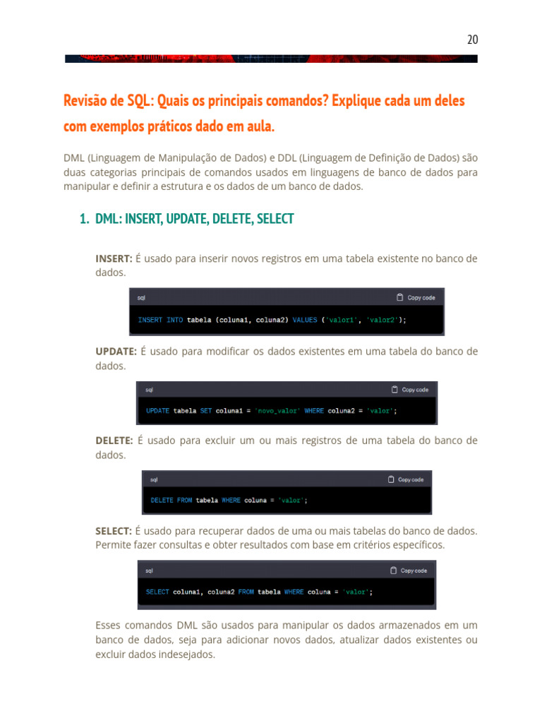 Resumo - SQL - Principais Comandos | PDF | SQL | Gestão de dados