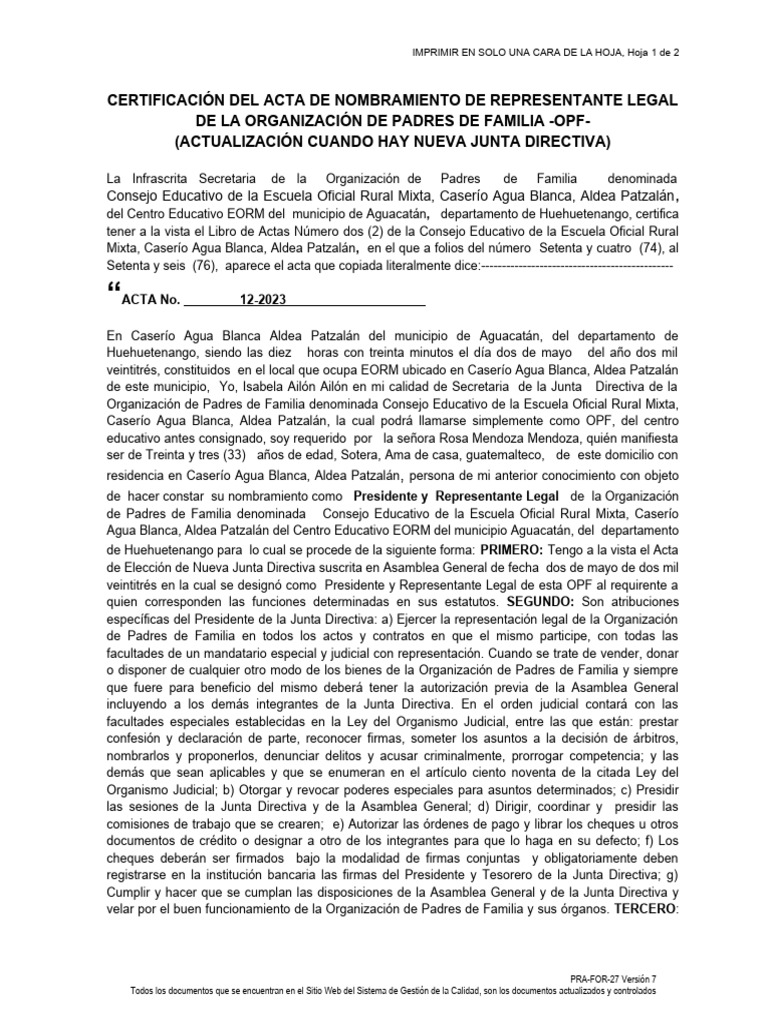 Pra-For-27 Cert Act Nom Re | PDF | Gobierno