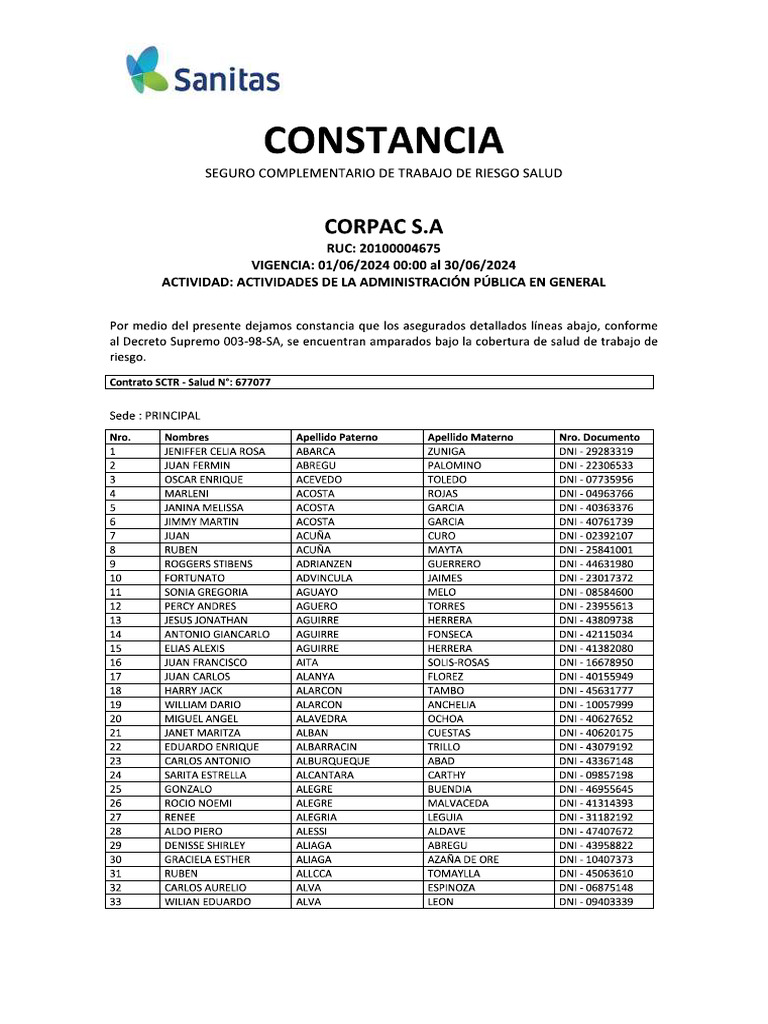 SCTR de Salud - CORPAC Junio | PDF