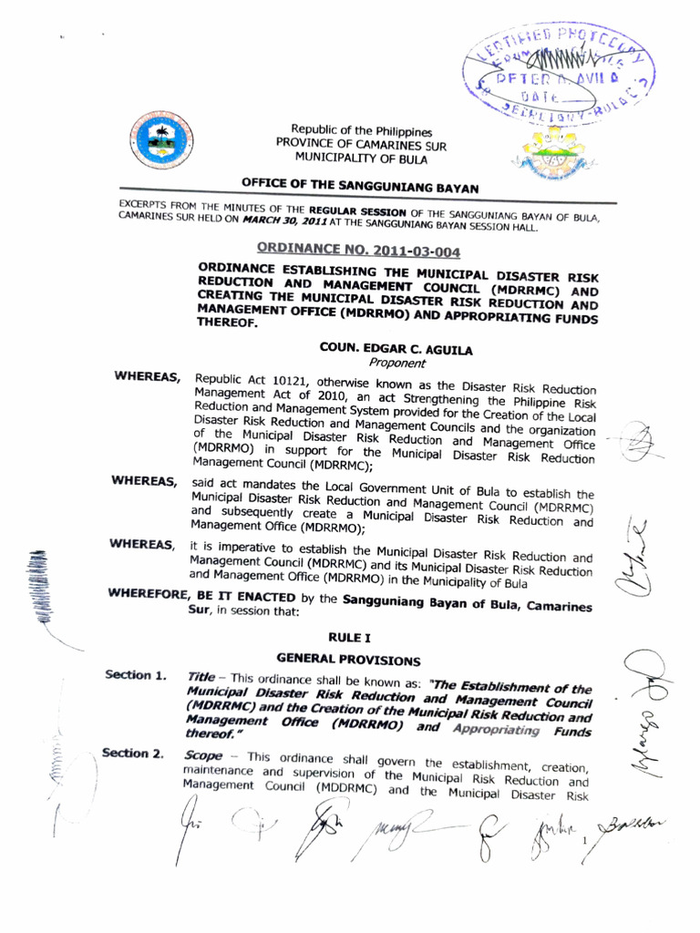 SB Ordinance 2011-3-4 Establishment of MDRRMC and Creation of Mdrrmo ...