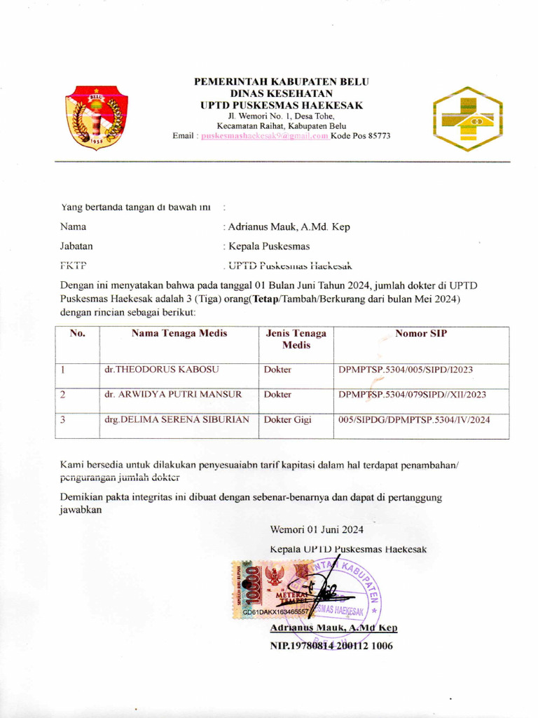 Pakta Integritas Pkm Haekesak Pdf