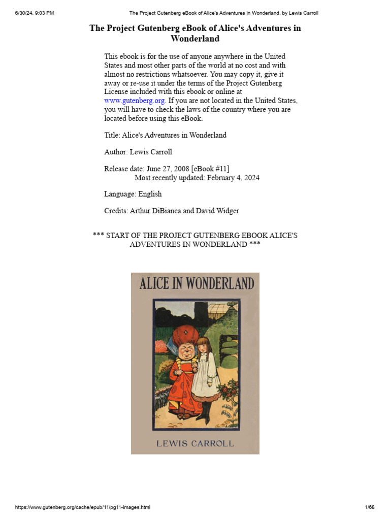 The Project Gutenberg Ebook of Alice's Adventures in Wonderland, by Lewis Carroll | PDF | Alice ...